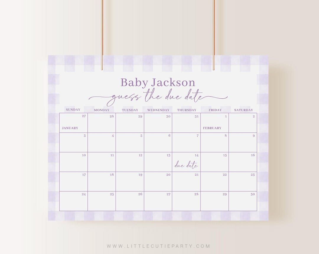 Editable Purple Gingham Baby Shower Calendar, Purple Due Date Calendar ...