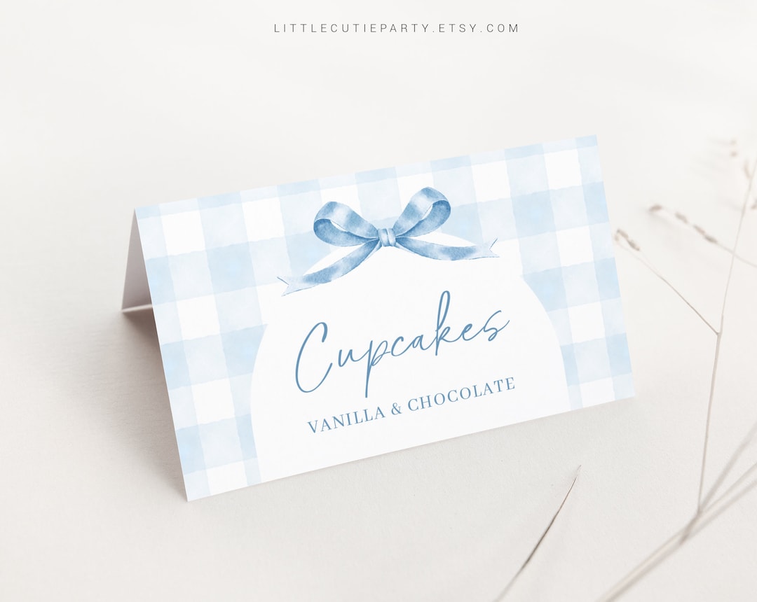 Editable Blue Gingham Baby Shower Food Labels, Food Tent Cards, Folded ...