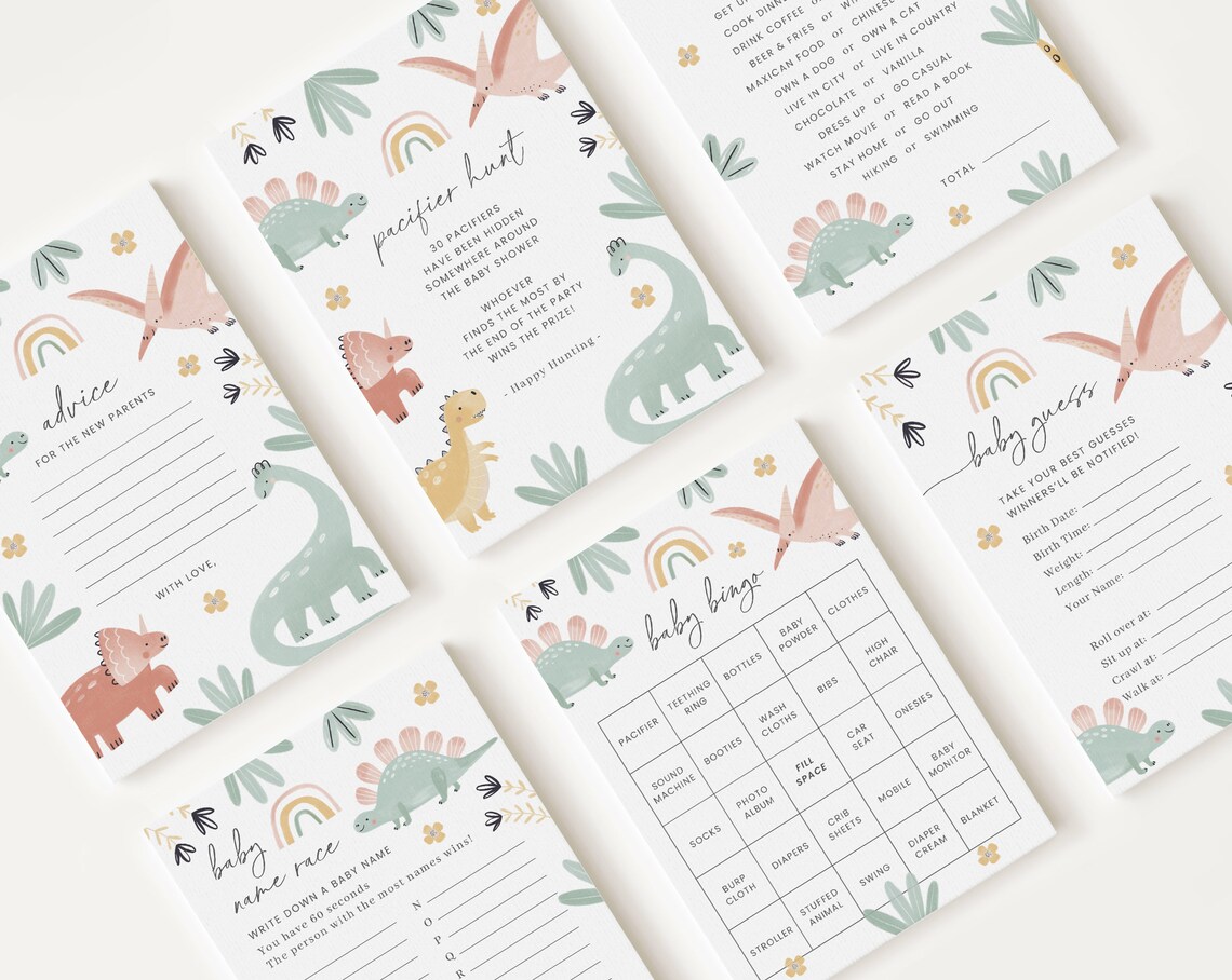 10 Editable Dinosaur Baby Shower Games, Dino Shower Games Bundle ...