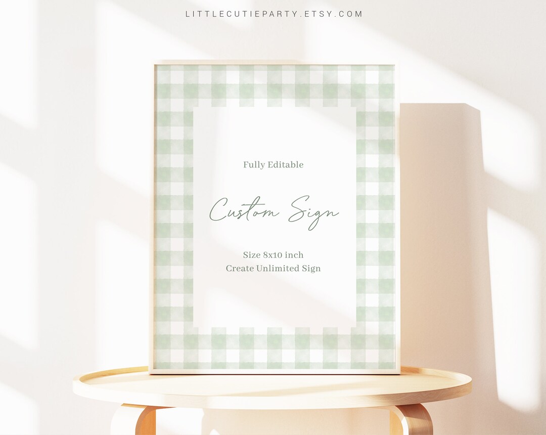 Editable Sage Green Gingham Sign, Custom Sign Template for Baby Shower ...