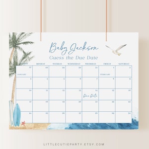 Editable Baby on Board Baby Shower Calendar, Surfboard Baby Shower Due ...