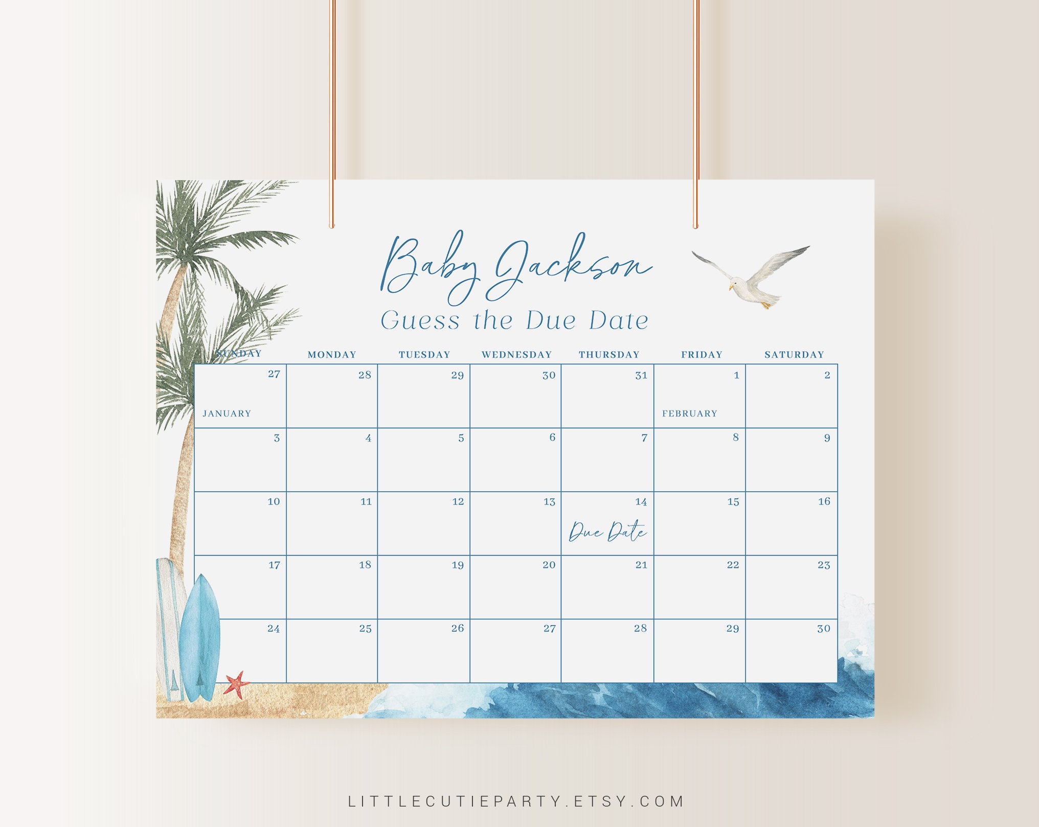 Editable Baby on Board Baby Shower Calendar, Surfboard Baby Shower Due ...