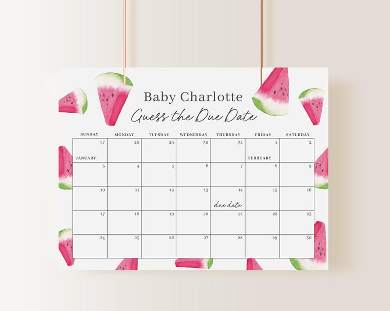 Editable Watermelon Baby Shower Calendar, Watermelon Baby Shower ...