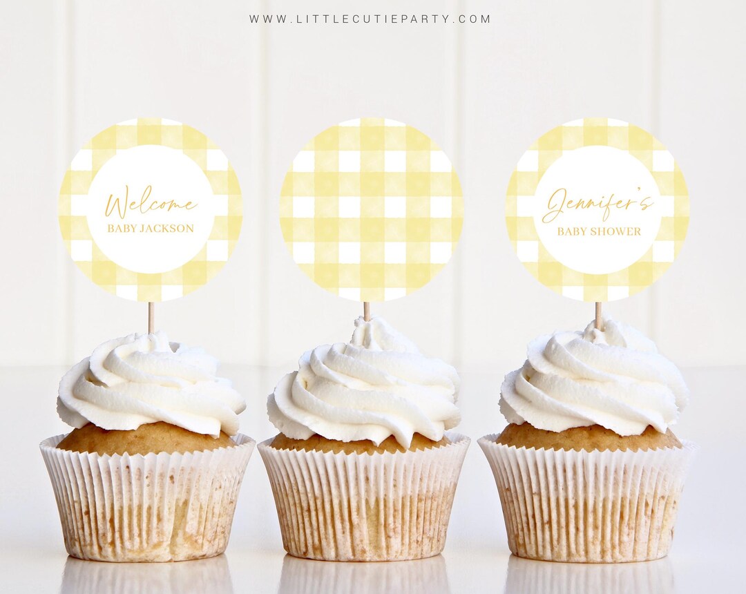Editable Yellow Gingham Cake Toppers, Yellow Baby Shower Cupcake ...