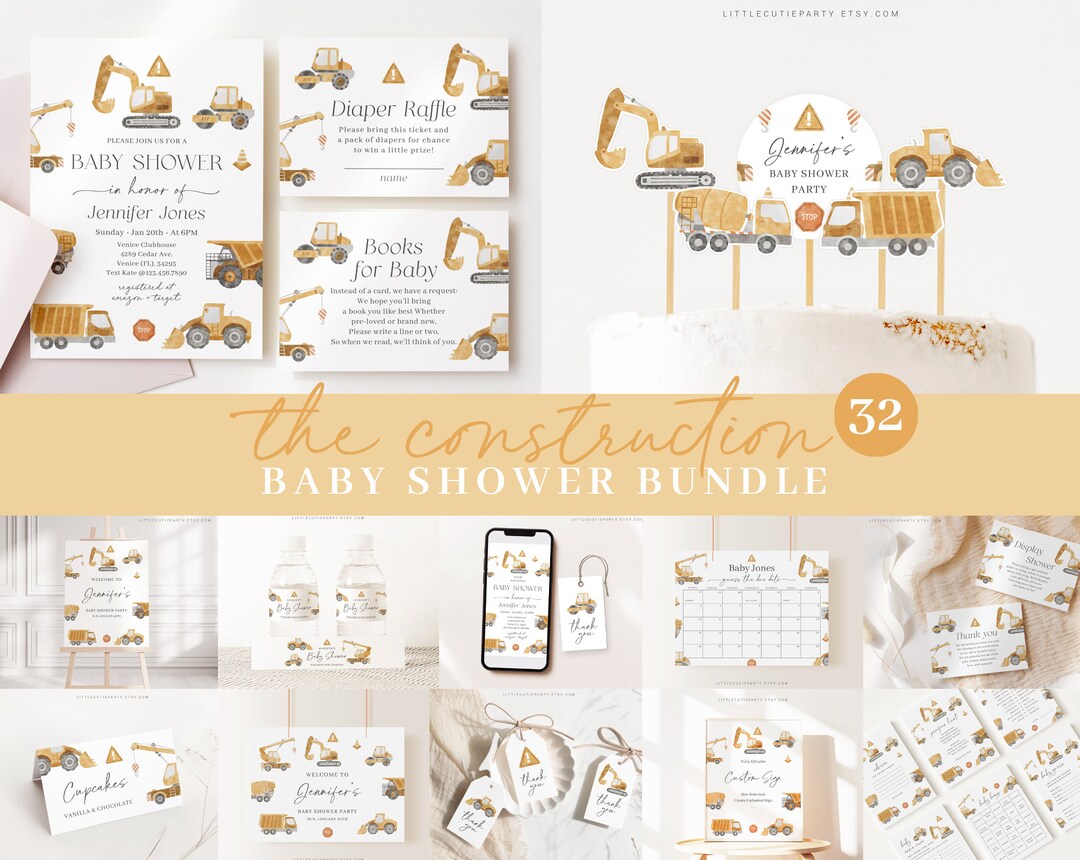 Editable Construction Baby Shower Bundle, Construction Baby Shower ...