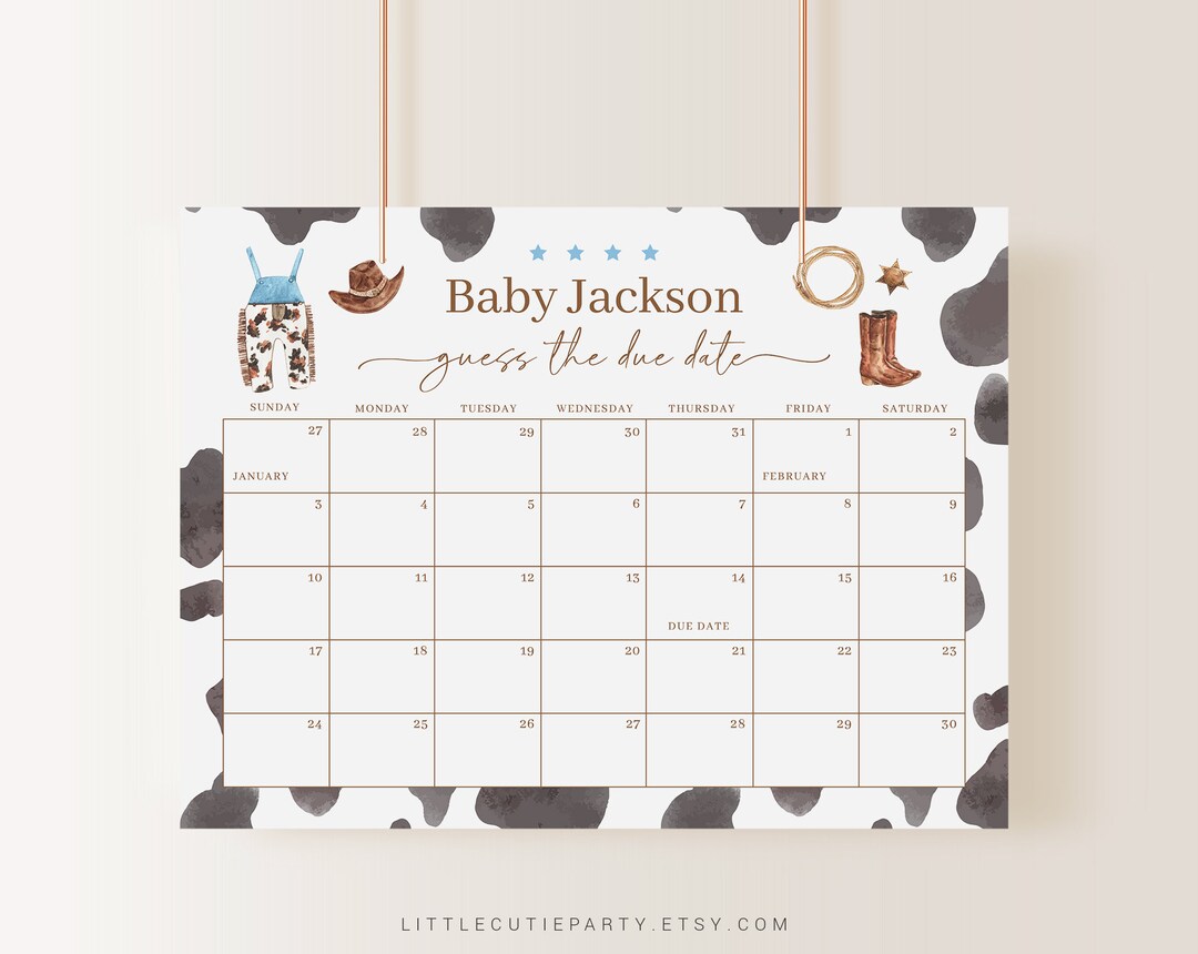 Editable Cowboy Baby Shower Calendar, Cowboy Due Date Calendar, Baby ...