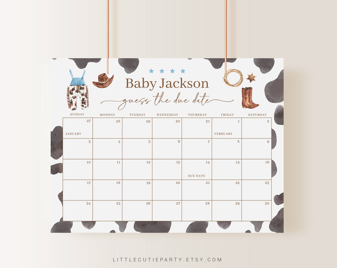 Editable Cowboy Baby Shower Calendar, Cowboy Due Date Calendar, Baby ...