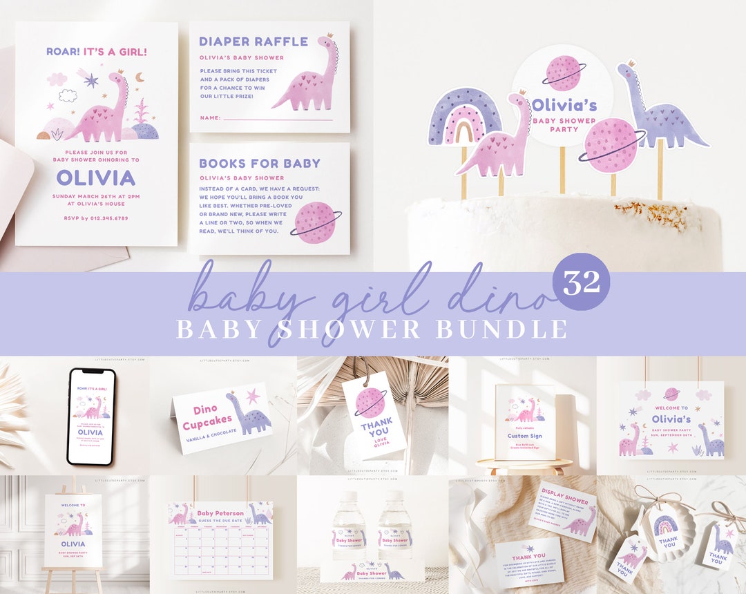 Editable Baby Girl Dinosaur Baby Shower Bundle, Pink Dinosaur Baby ...