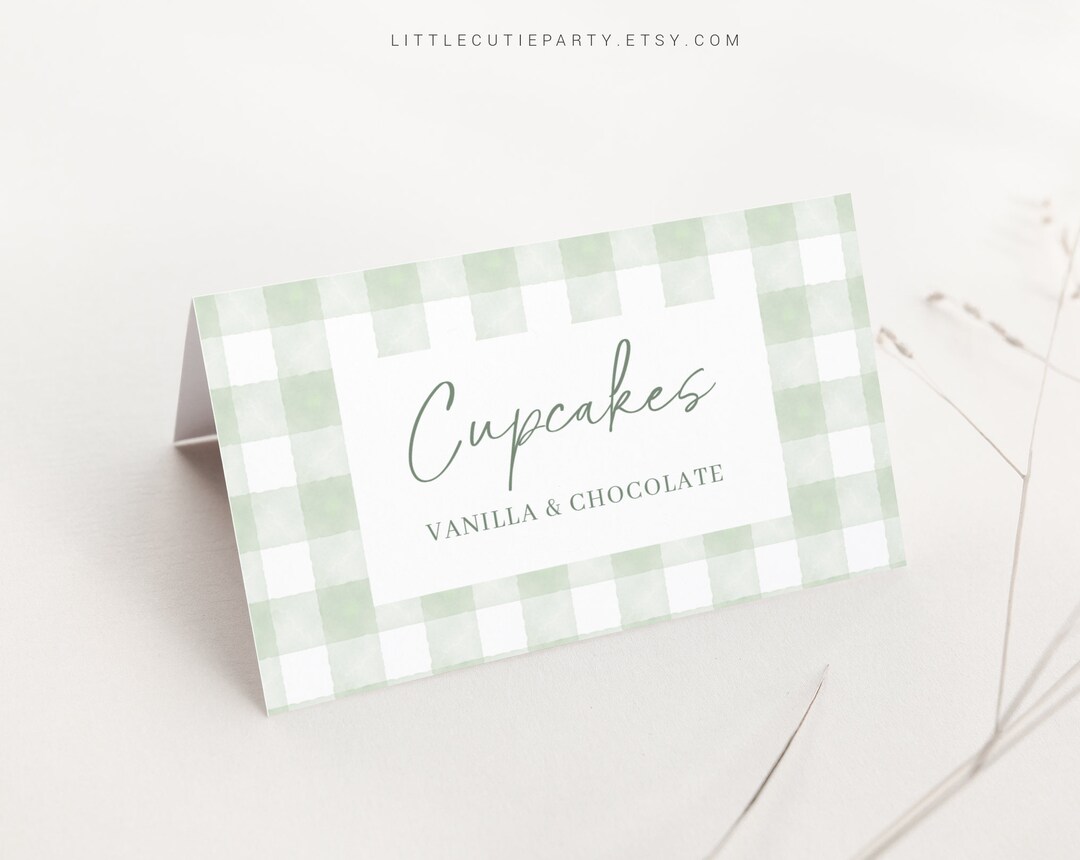 Editable Sage Green Gingham Food Labels, Food Tent Cards, Folded Food ...
