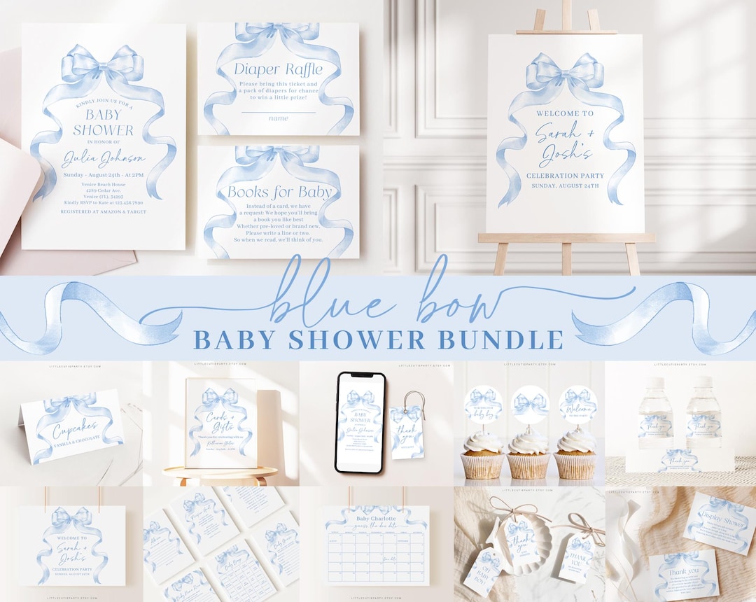 Editable Blue Bow Baby Shower Invitation Bundle, Blue Ribbon Baby ...