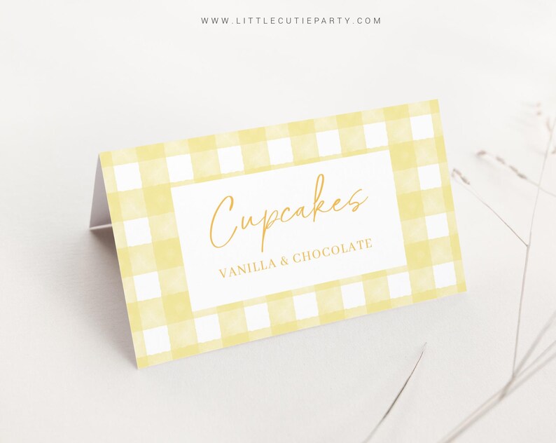Editable Yellow Gingham Food Labels, Food Tent Cards, Folded Food Cards ...