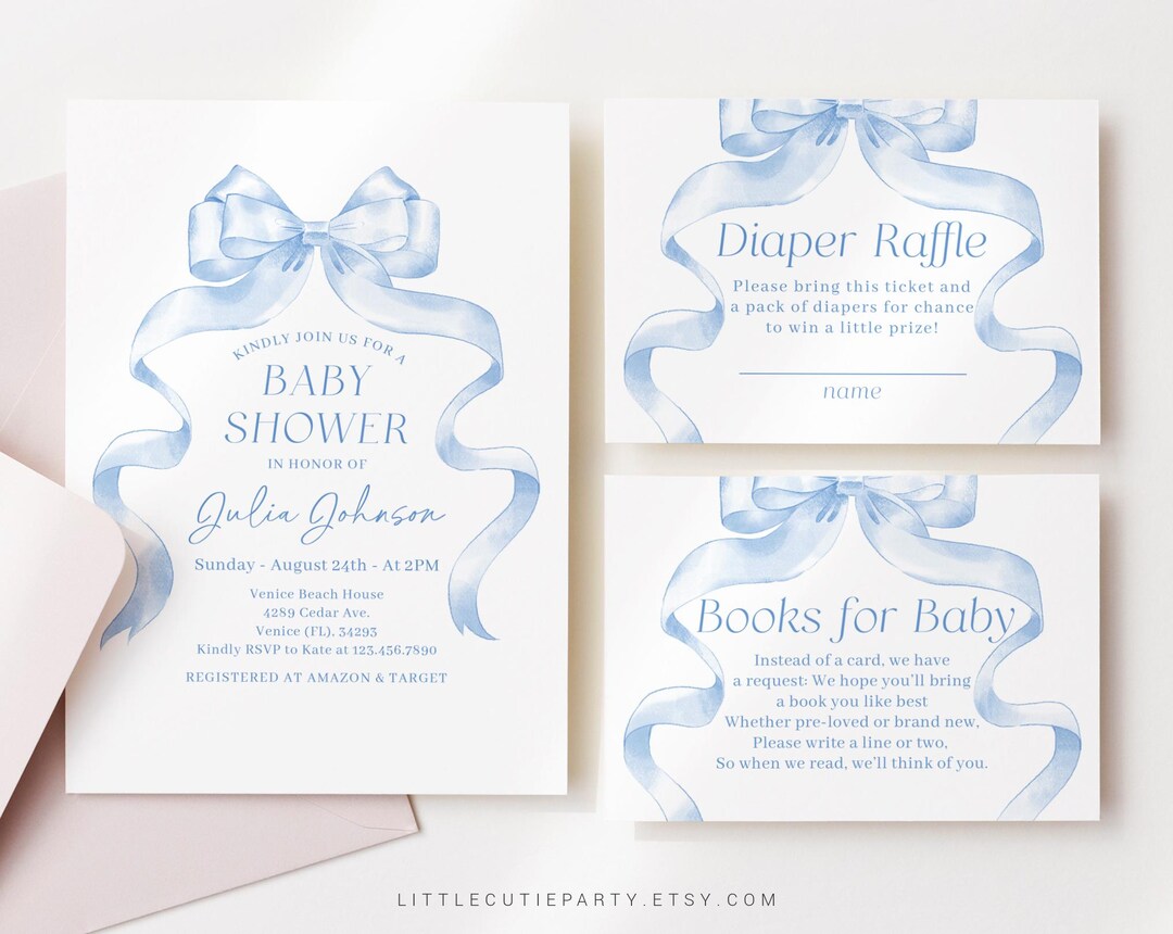 Editable Blue Bow Baby Shower Invitation, Blue Ribbon Baby Shower ...