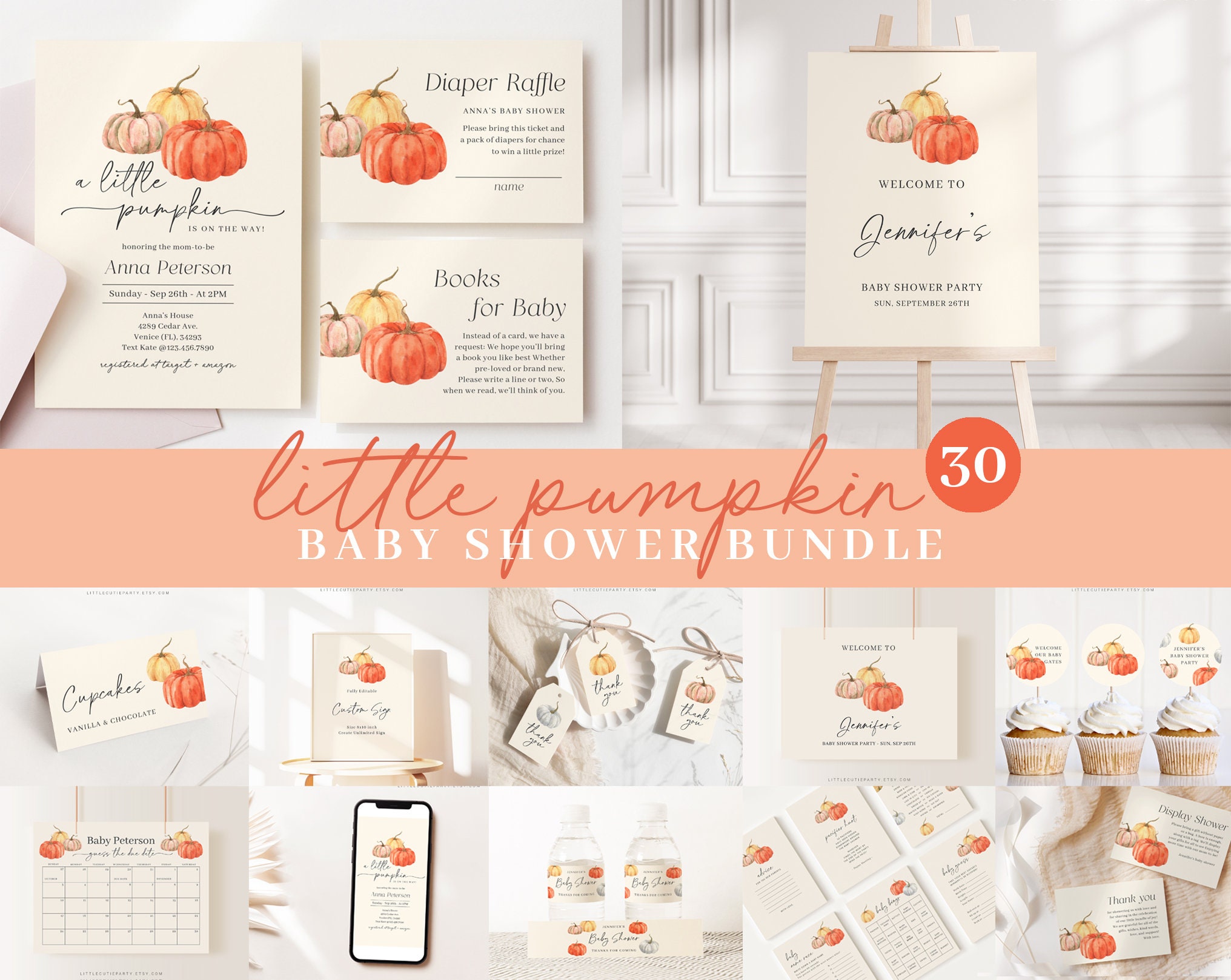 Editable Little Pumpkin Baby Shower Bundle, Pumpkin Baby Shower ...