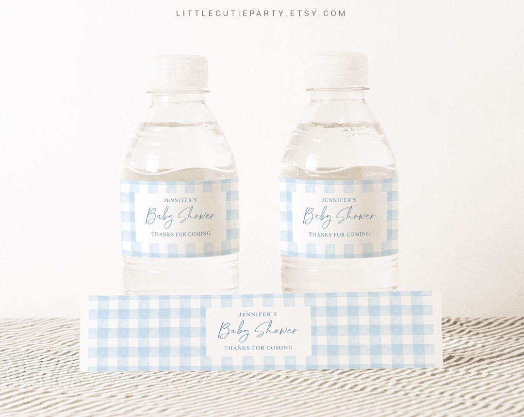 Editable Blue Gingham Baby Shower Water Bottle Labels, Bottle Label for ...