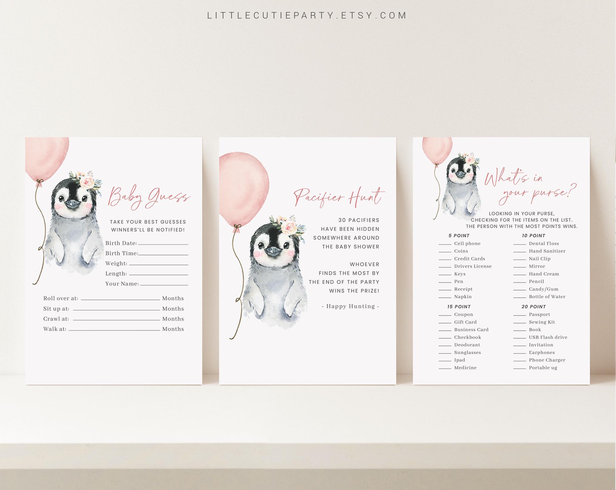 10 Editable Pink Penguin Baby Shower Games, Baby Girl Shower Games ...