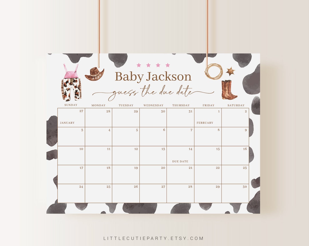 Editable Cowgirl Baby Shower Calendar, Cowgirl Due Date Calendar, Baby ...