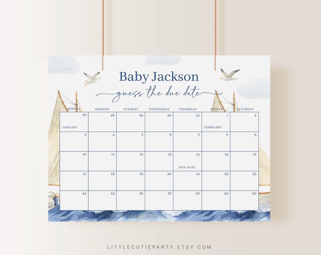Editable Ahoy Its a Boy Baby Shower Calendar, Nautical Due Date ...