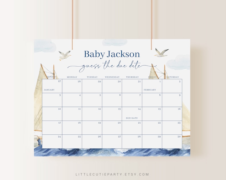 Editable Ahoy Its a Boy Baby Shower Calendar, Nautical Due Date ...