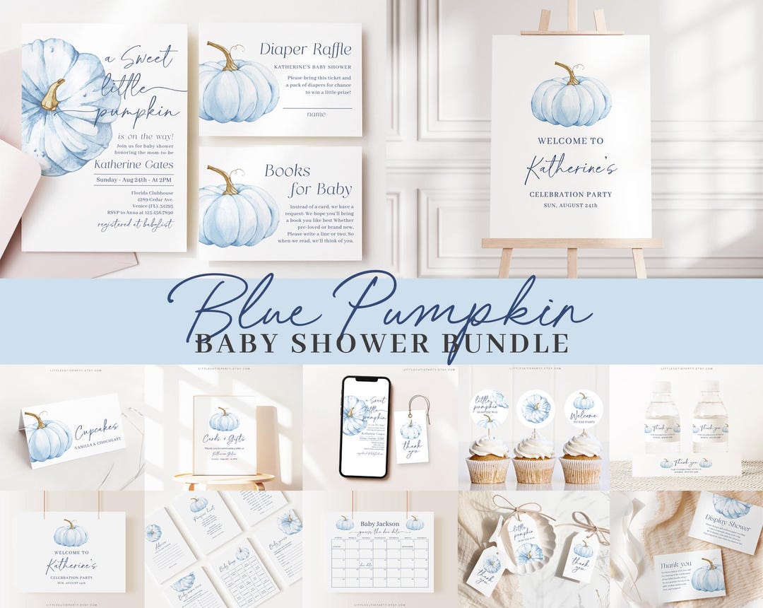 Editable Blue Pumpkin Baby Shower Invitation Bundle, Blue Little ...