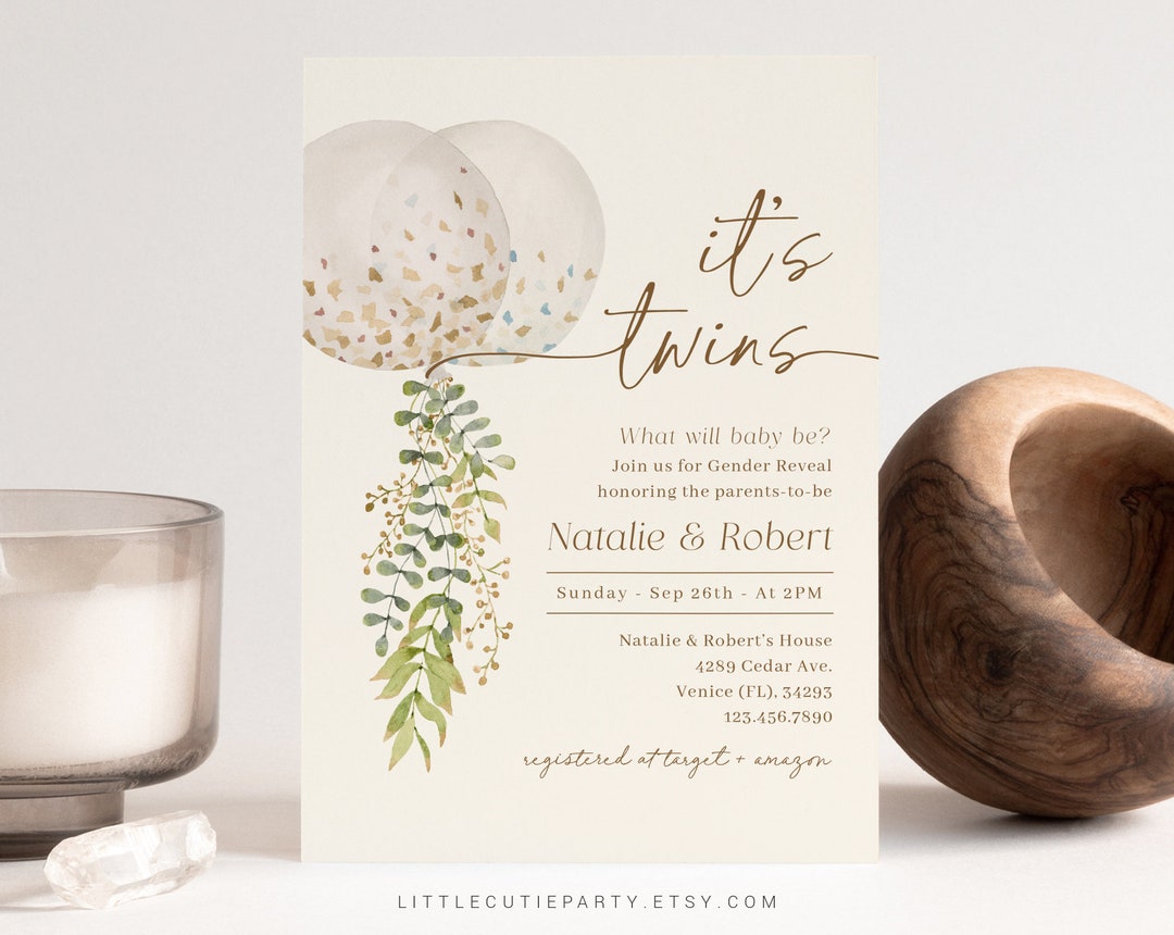Editable Twins Gender Reveal Invitation, Balloons, Thank You Tag ...