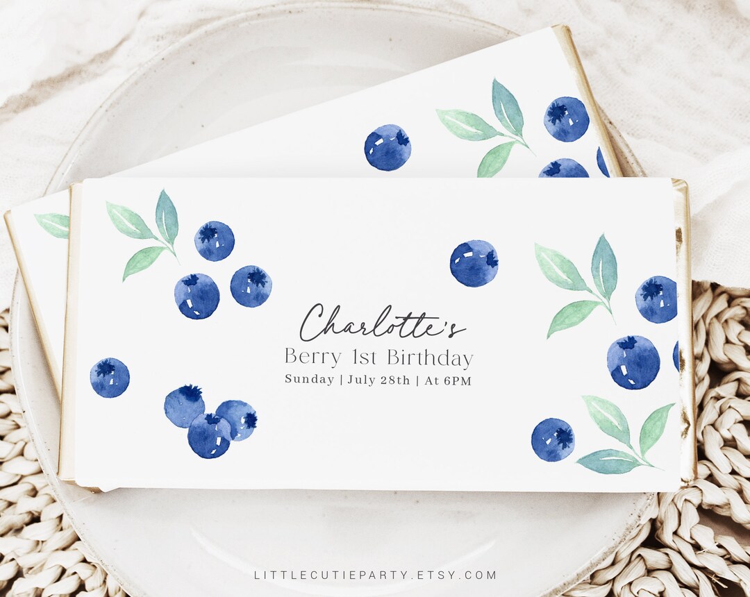 Editable Berry First Birthday Chocolate Bar Wrapper, Blueberry Birthday Candy Bar Wrapper ...