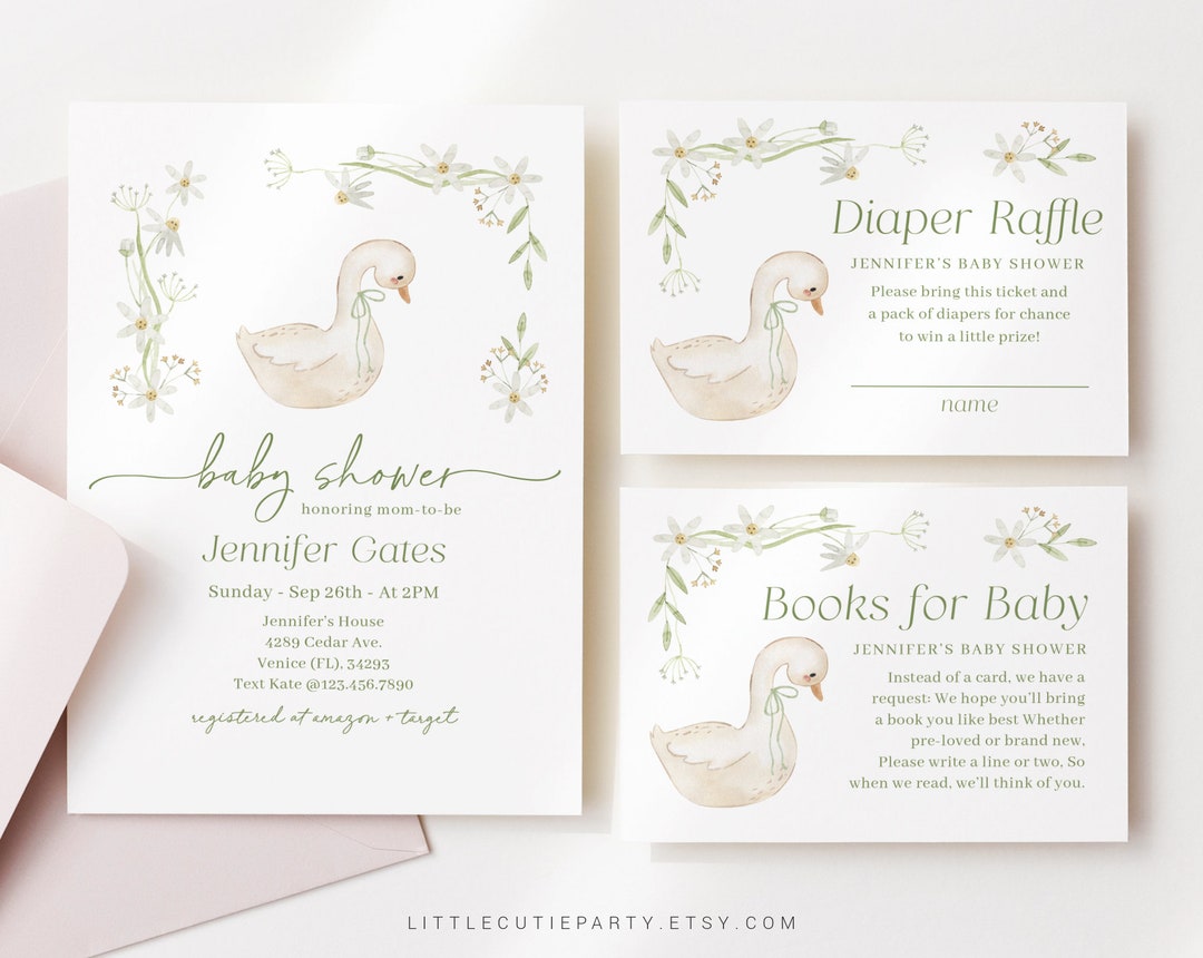 Goose Baby Shower Invitation Set, Diaper Raffle, Books for Baby ...