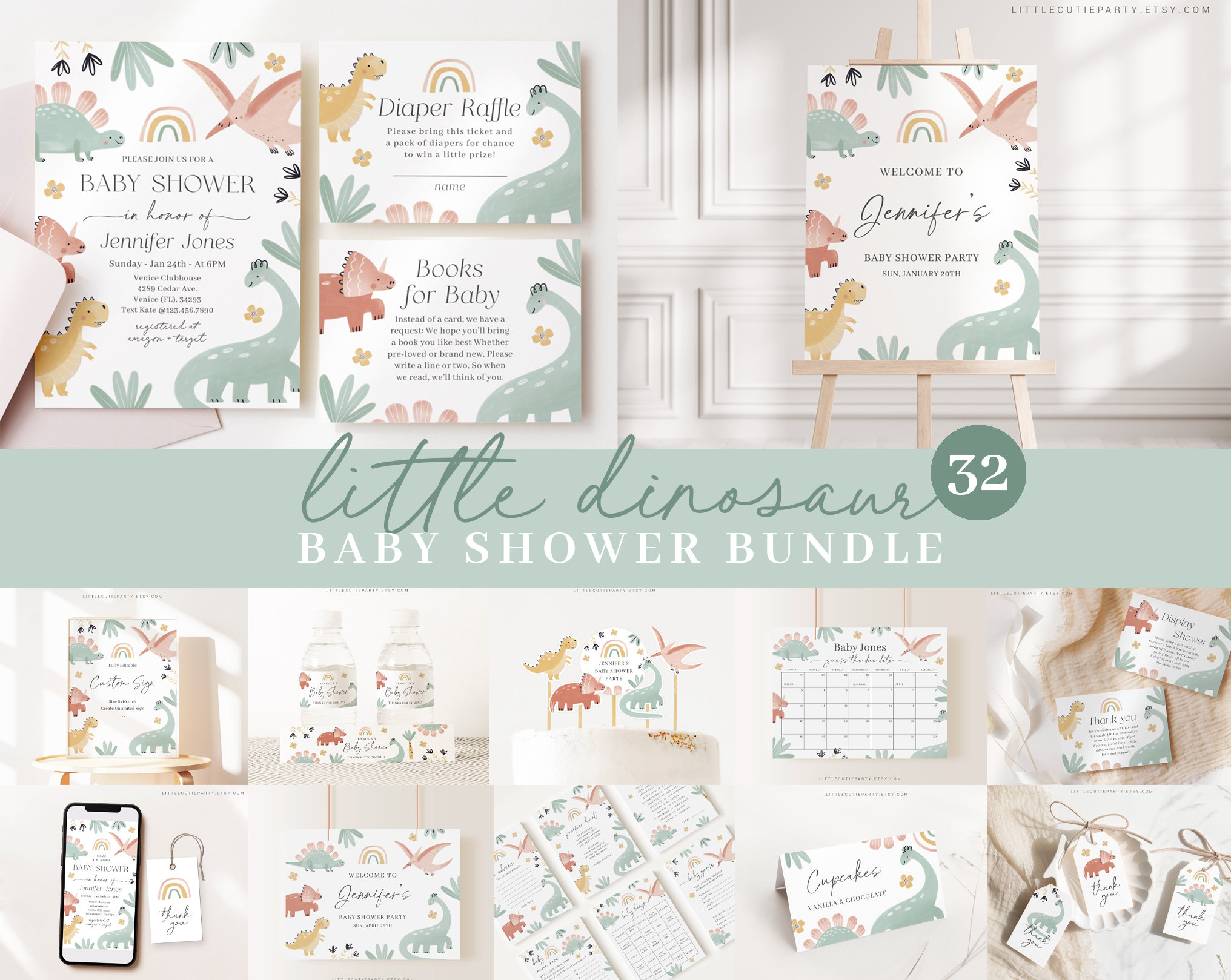 Editable Dinosaur Baby Shower Bundle, Dinosaur Bundle, Dinosaur Baby ...