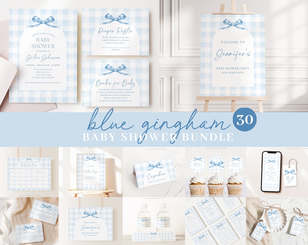 Editable Blue Gingham Baby Shower Invitation Bundle, Baby Blue Boy ...