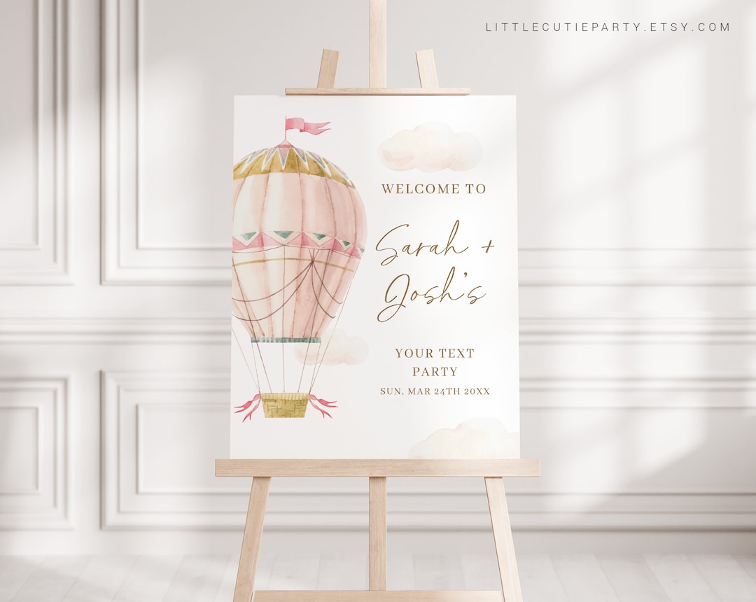 Editable Pink Hot Air Balloon Welcome Sign, Girl Baby Shower Welcome ...