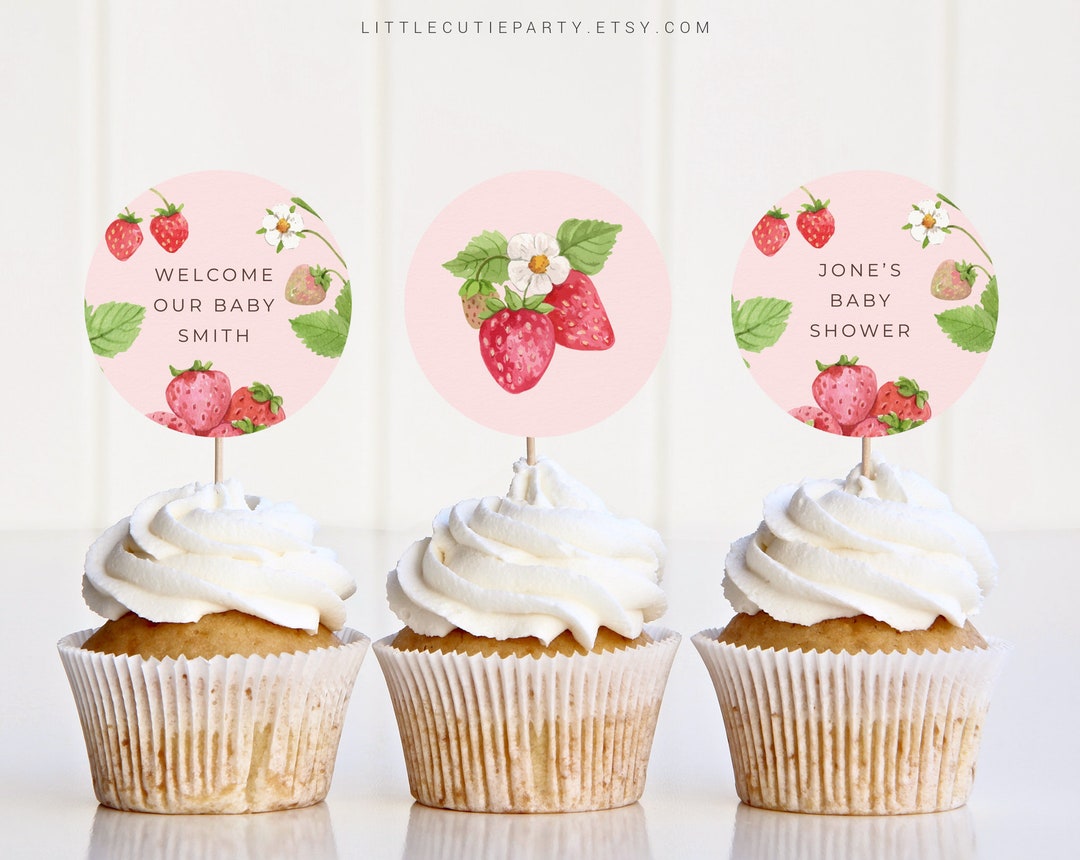 Editable Strawberry Cupcake Toppers, Strawberry Cake Topper for Party ...