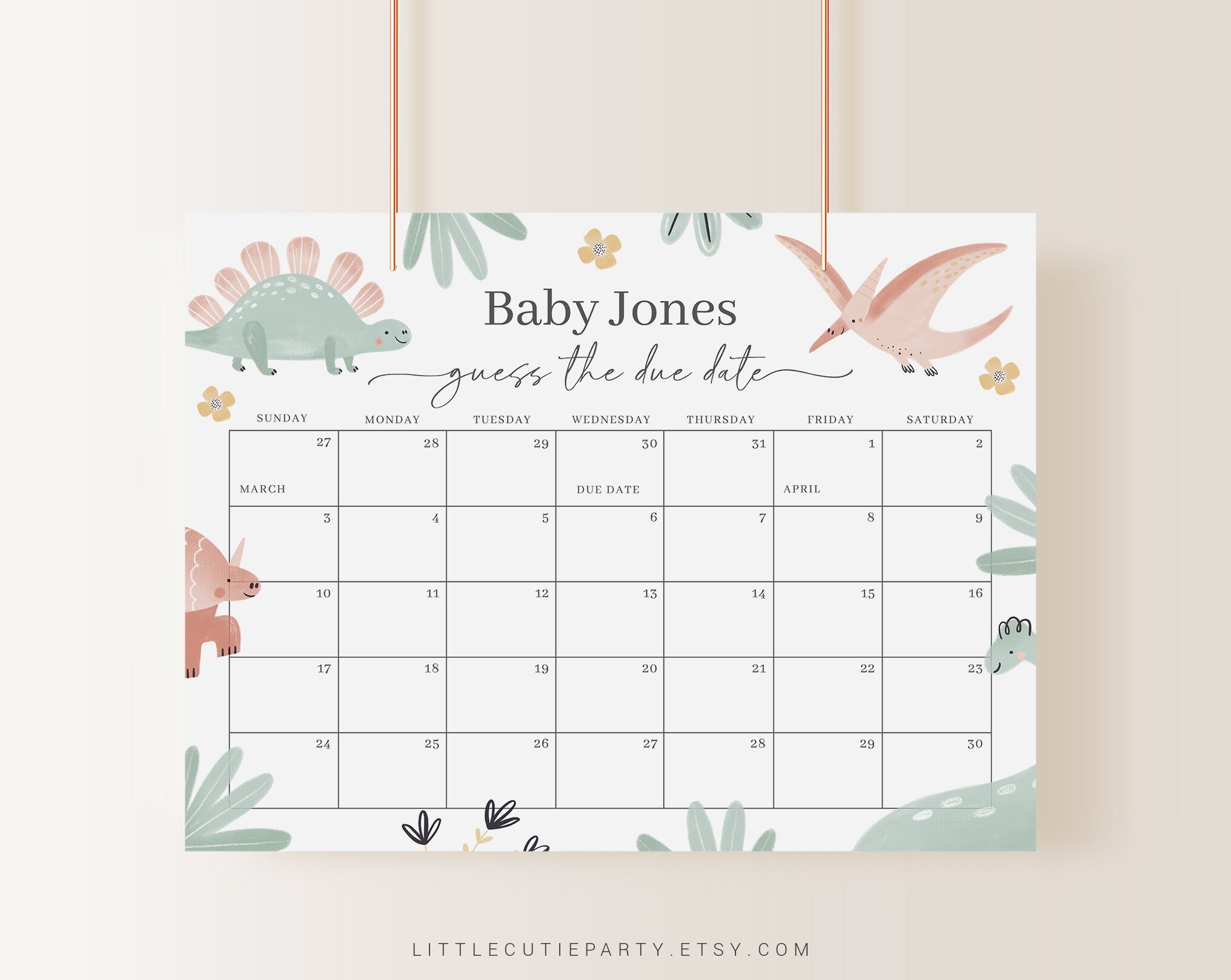 Editable Dinosaur Baby Shower Calendar Dinosaur Due Date - Etsy