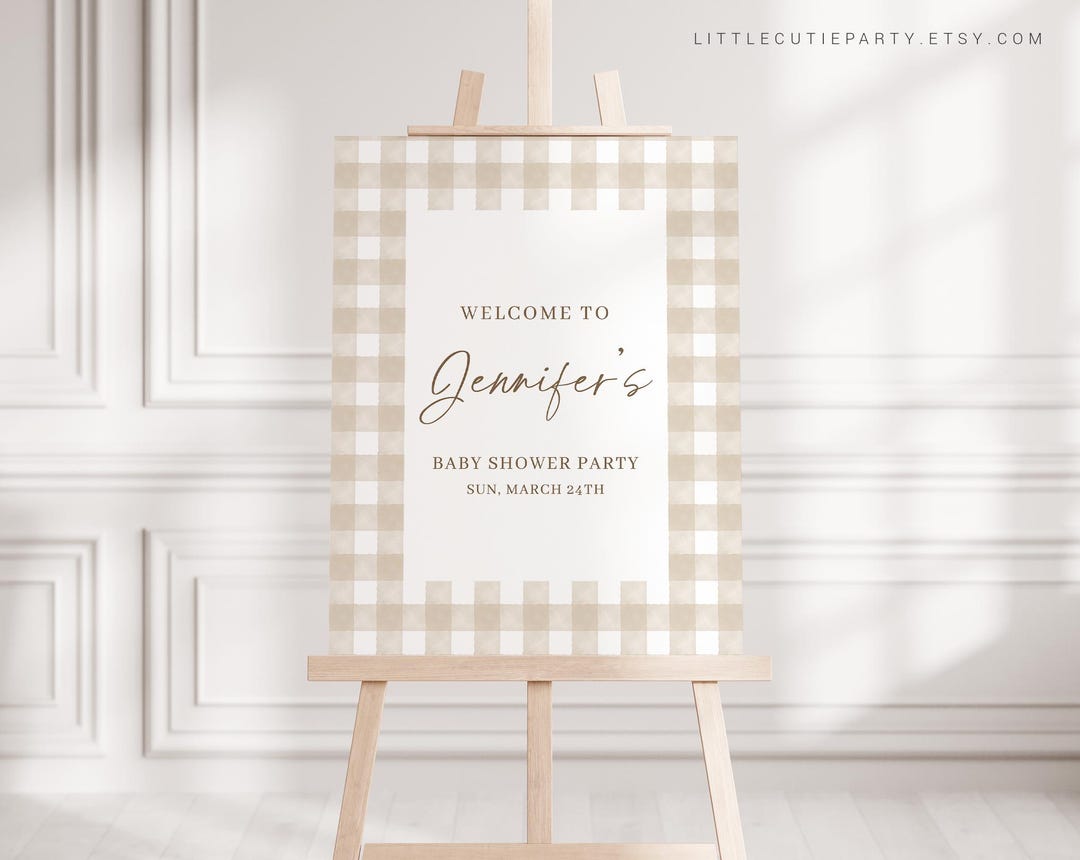 Editable Beige Baby Shower Welcome Sign, Brown Gingham Baby Shower Sign ...