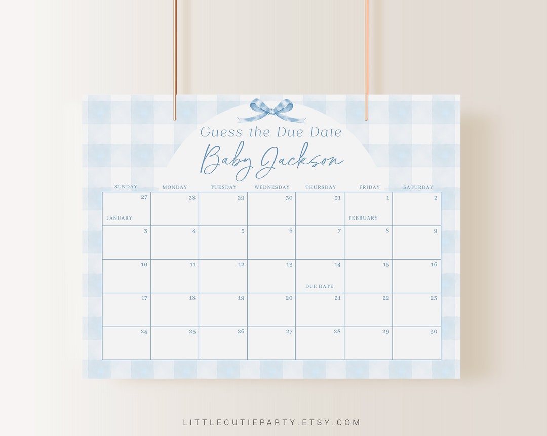 Editable Blue Gingham Baby Shower Calendar, Blue Bow Due Date Calendar ...