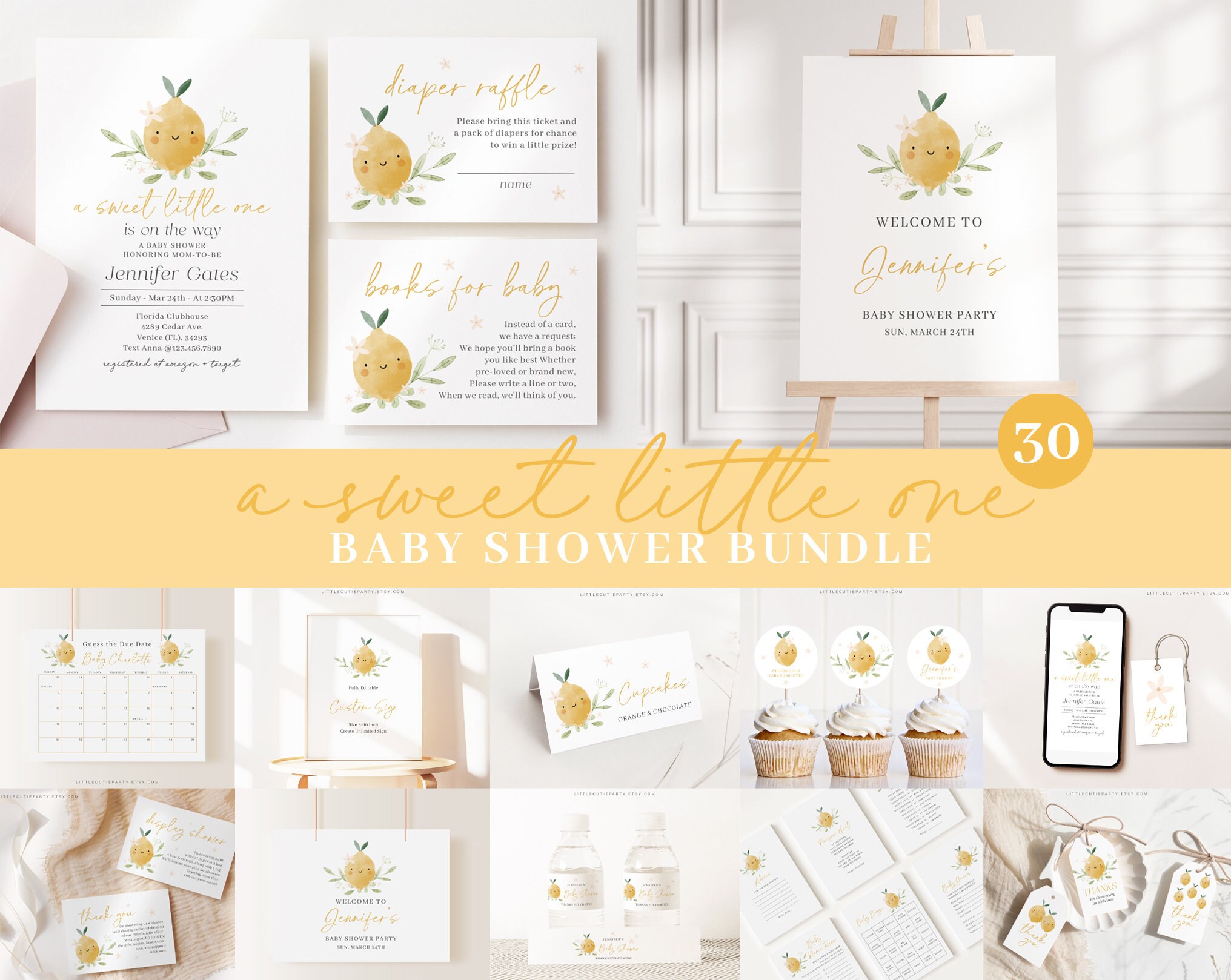 Editable Lemon Baby Shower Invitation Bundle, Lemon Baby Shower Bundle ...