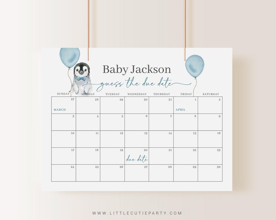Editable Blue Penguin Baby Shower Calendar, Penguin Due Date Calendar ...