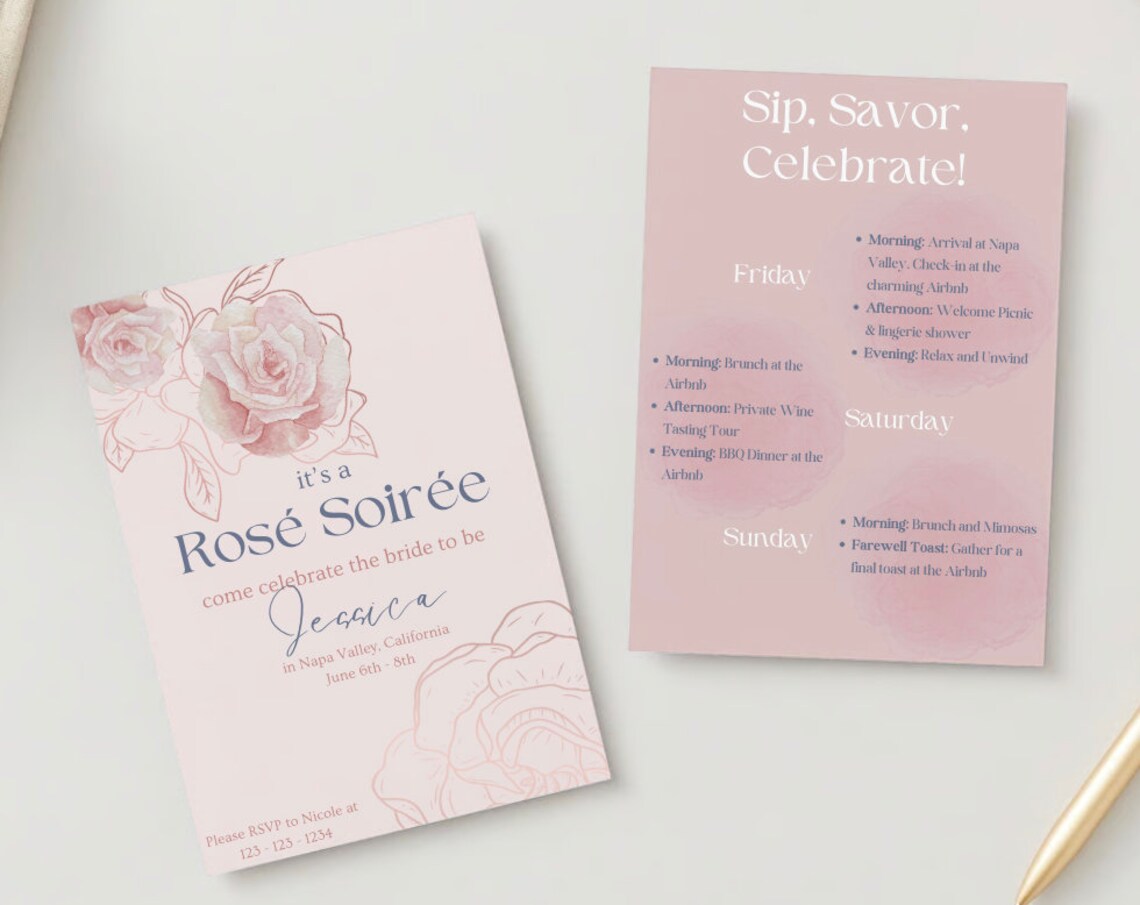 Rosé Soirée Bachelorette Invitation Itinerary - Etsy