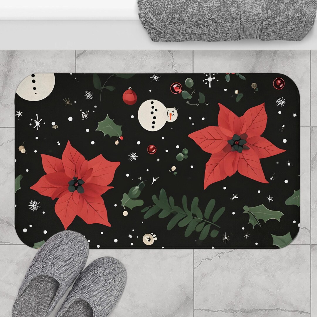 Festive Poinsettia Bath Mat, Christmas Bathroom Decor, Holiday Home ...