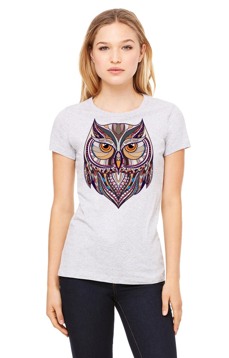 Owl T-shirt, Colorful Image of Owl Printed on a Heather Gray T-shirt ...