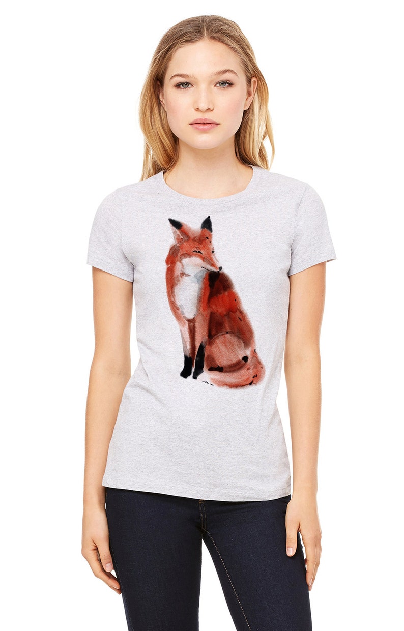 Fox T-shirt, Watercolor Image of Fox Printed on a Heather Gray T-shirt ...