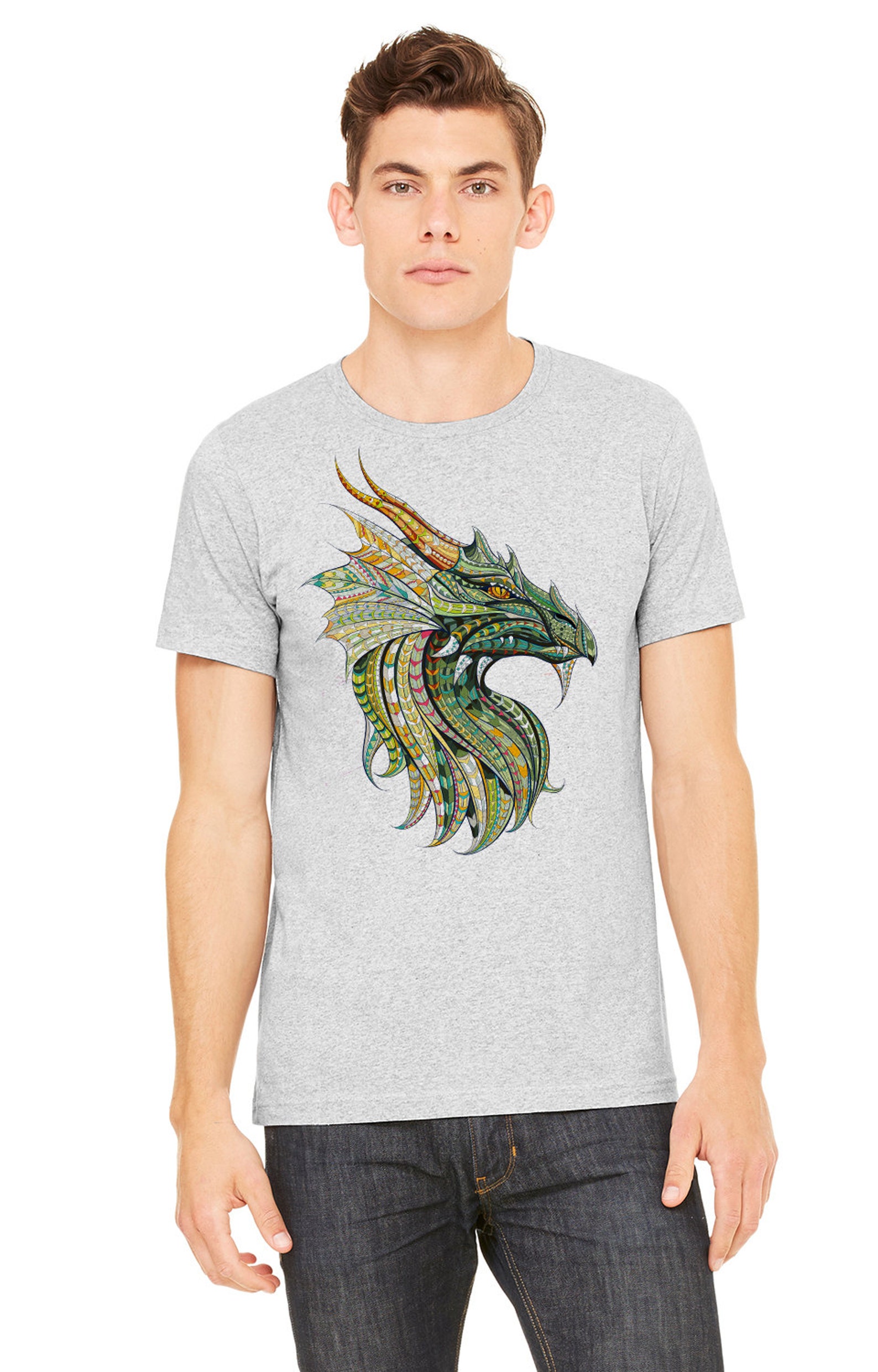 Dragon Shirt, Colorful Image of Dragon Head Printed on a Heather Gray T ...