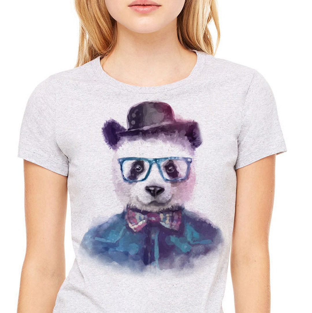 Colorful Image Hipster Panda Printed on a Heather Gray T-shirt, Women's ...
