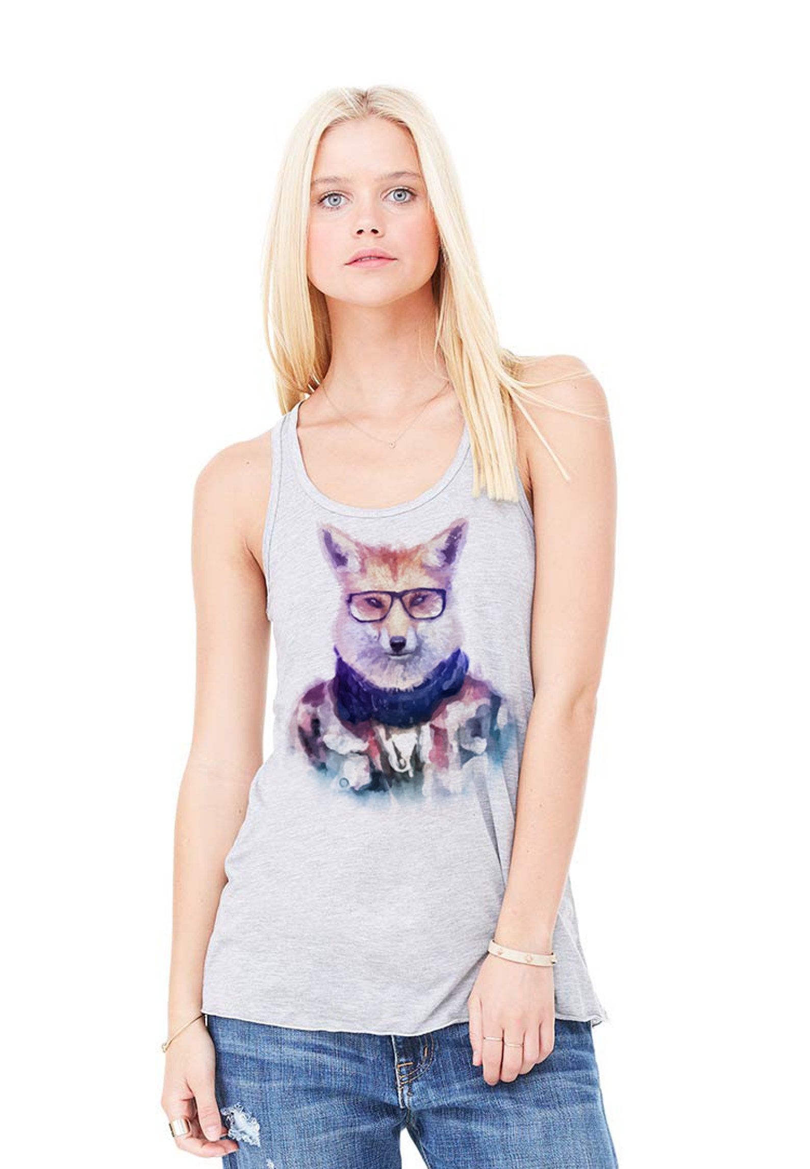 Hipster Fox Printed on a Athletic Gray Flowy Tank Top - Etsy