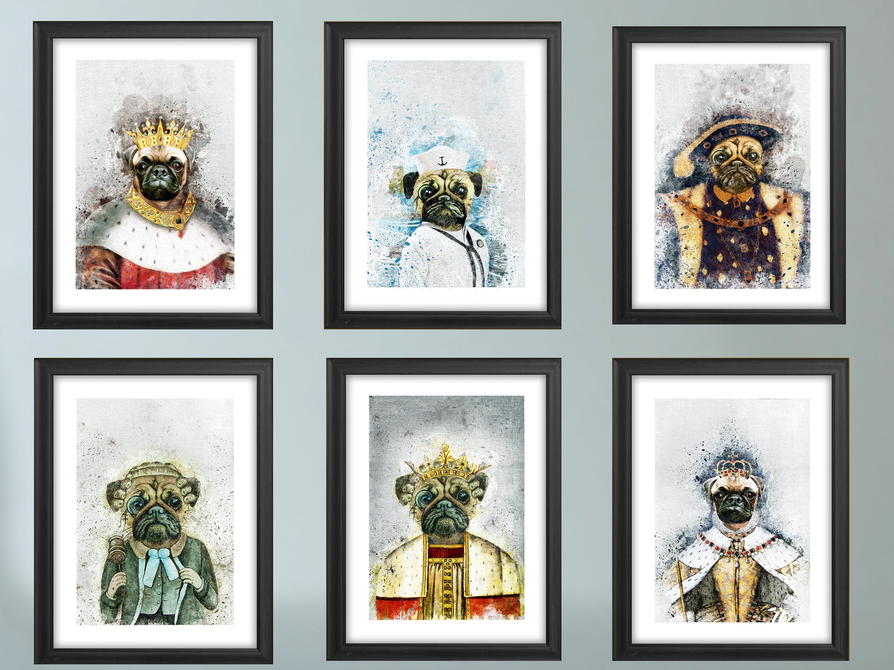 Pug Art Set of 6 King. Queen. Judge Pug. Henry VIII. Funny Dogs in ...