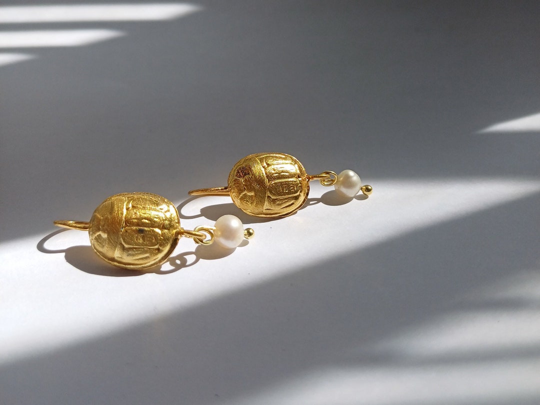 Egyptian Scarab Gold Earrings, Egyptian Scarab Earrings, Gold Plated ...