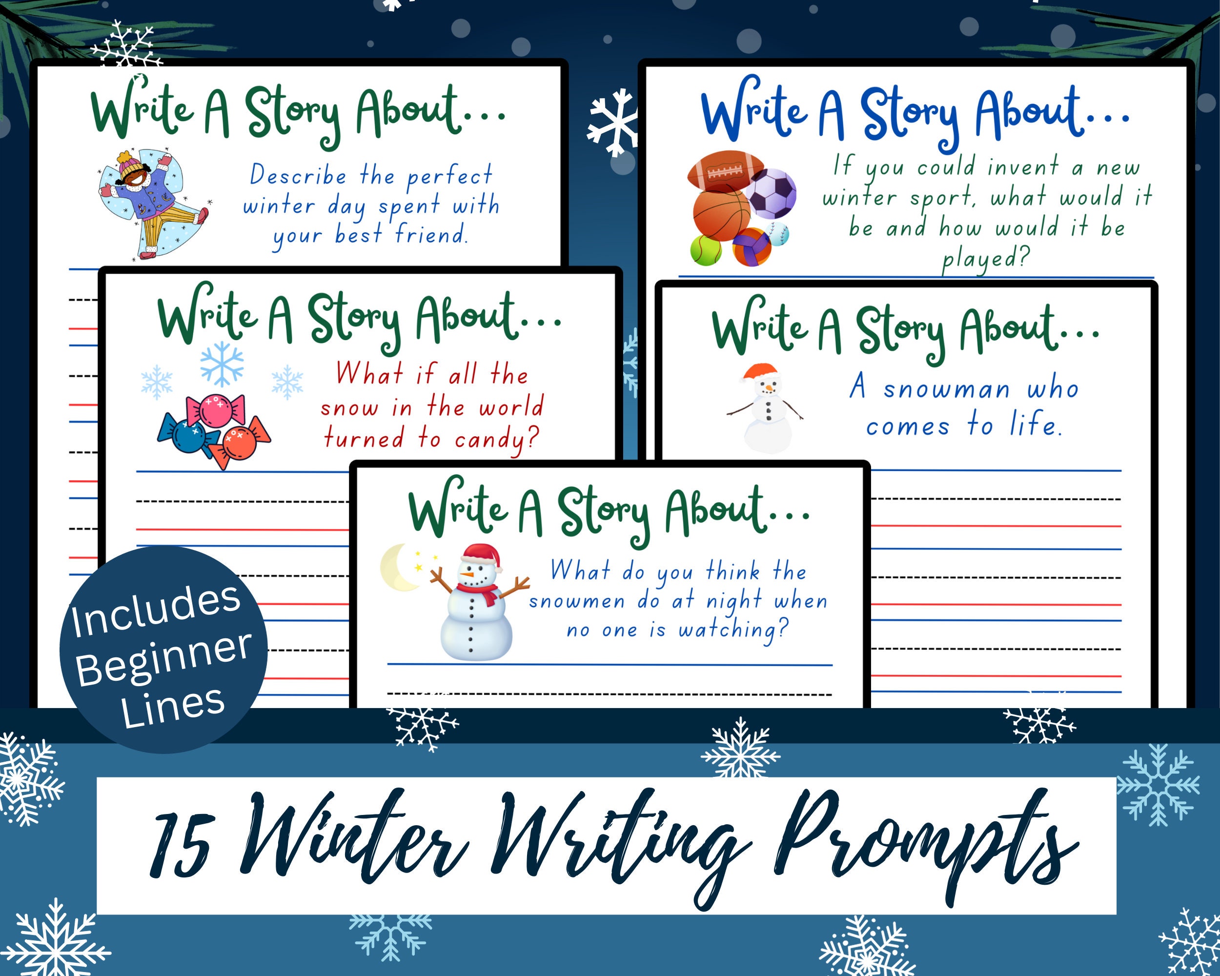 15 Winter and Christmas Writing Prompts With Beginner Lined Paper - Etsy