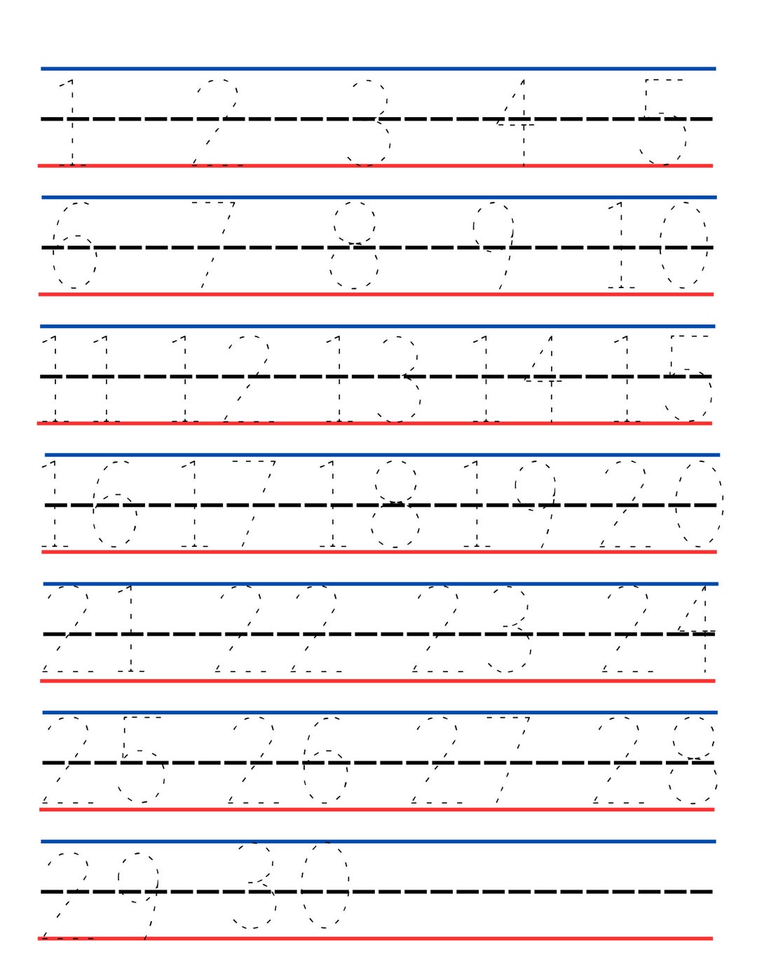 Traceable Numbers 1-110, Lined Paper Red Bottom, Blue Top, Writing ...