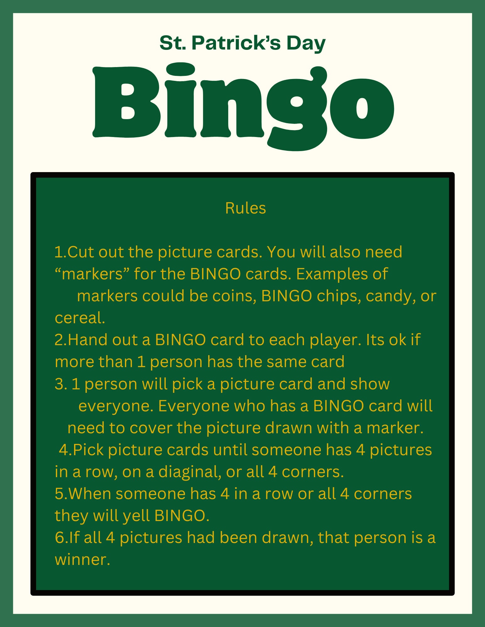 St. Patrick's Day BINGO Game With 30 BINGO Cards, Non-reader, St Patty ...