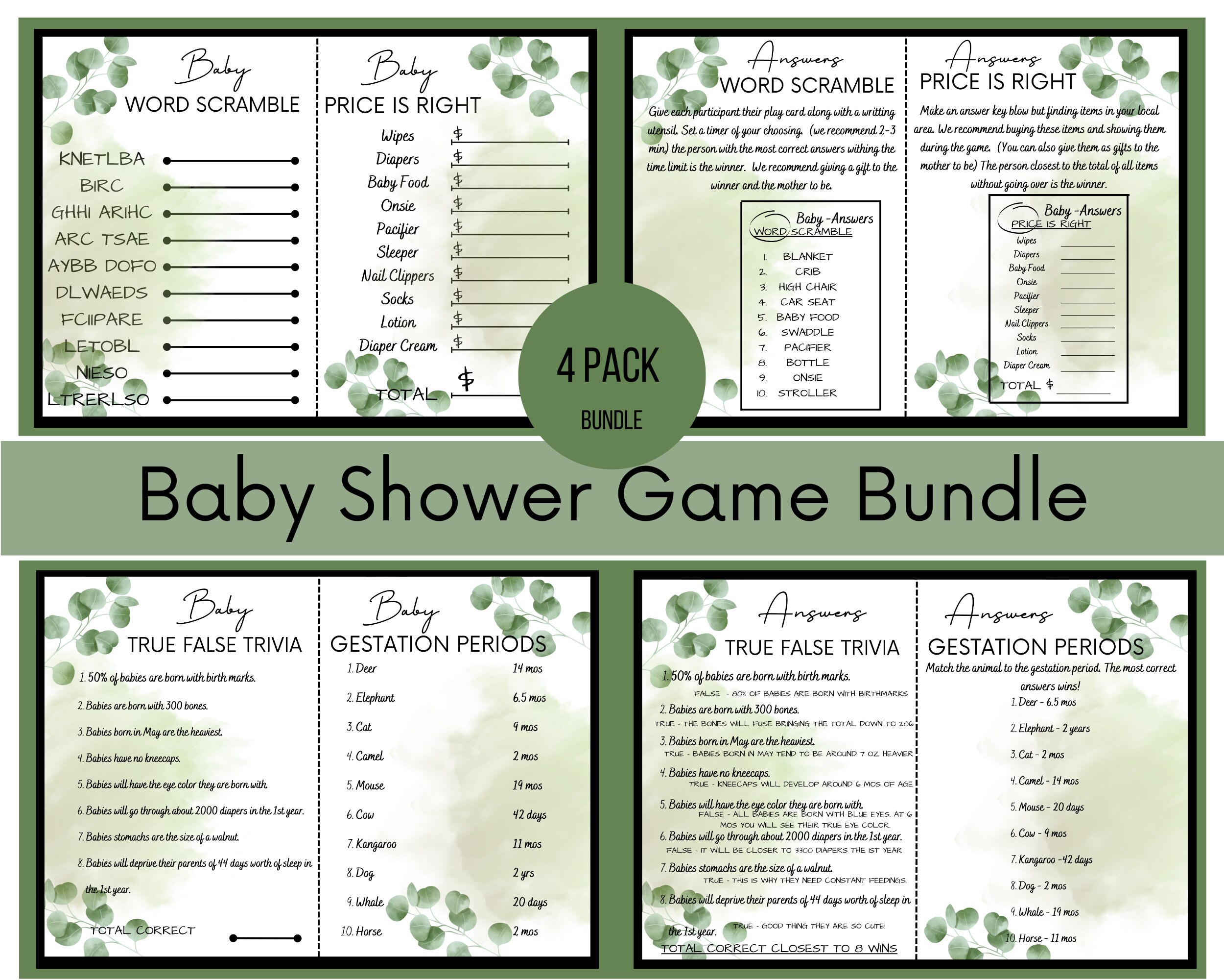 4 Printable Fun Baby Shower Games Bundle - Etsy