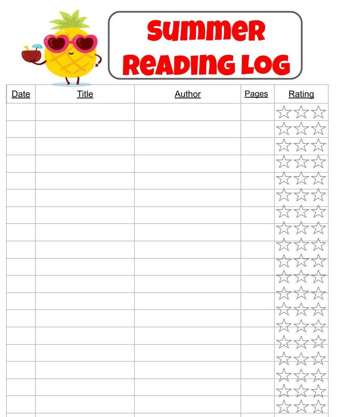 Printable Summer Reading Log, Printable Digital Download, Title, Author ...