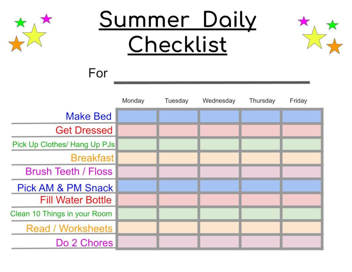 Printable Summer Week Day Daily Checklist, Printable Digital Download ...